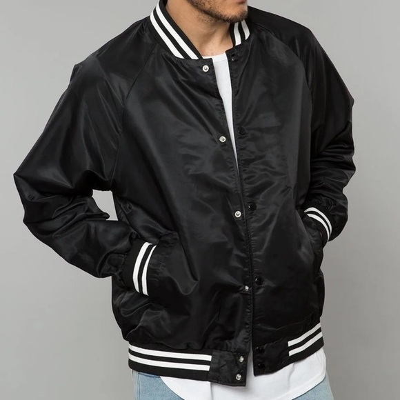 Urban Outfitters | Jackets & Coats | Uo Black Satin Varsity Jacket ...